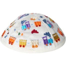 Eichlers.com: Emanuel Embroidered Kids Kippah - White w/ Trains