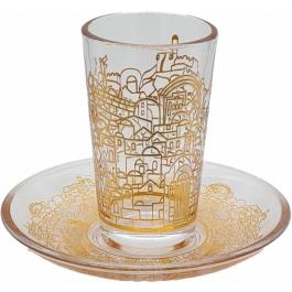 Eichlers.com: Gold Etching Jerusalem Glass Kiddush Cup w/ Saucer