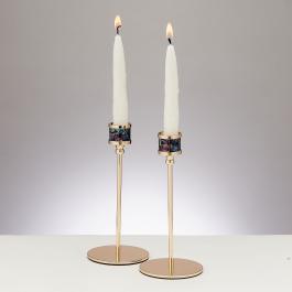 Eichlers.com: Set of 2 Goldtone Candlesticks - Multi-colored Band Design